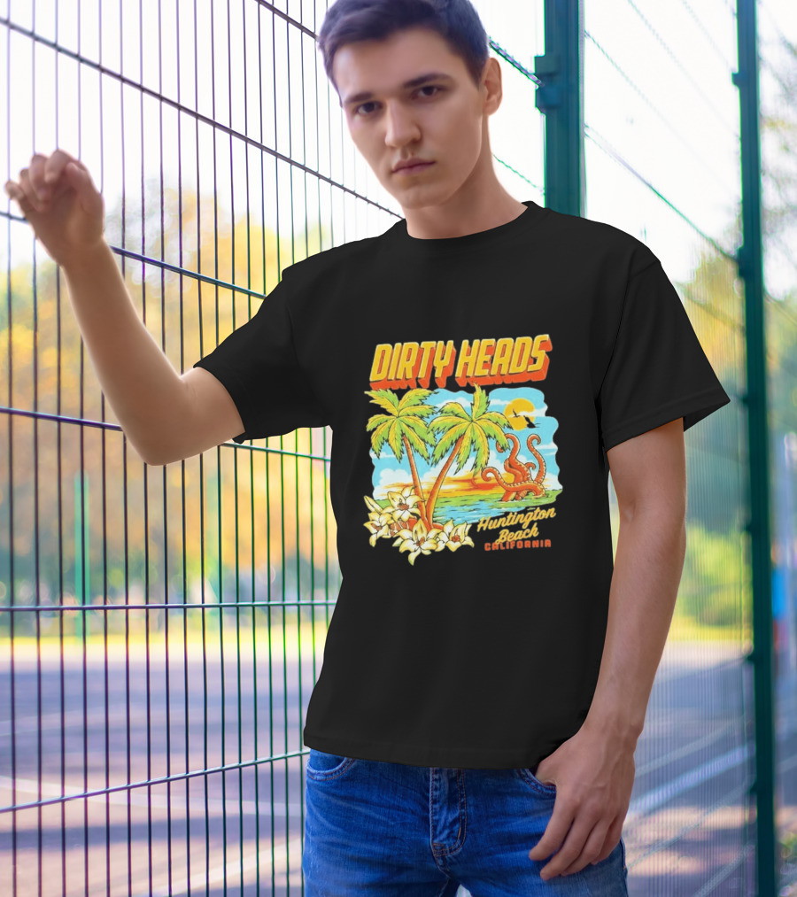 Dirty Heads Tropical Beach Palm Trees Ocean Sunset Octopus Huntington Beach California T-Shirt
