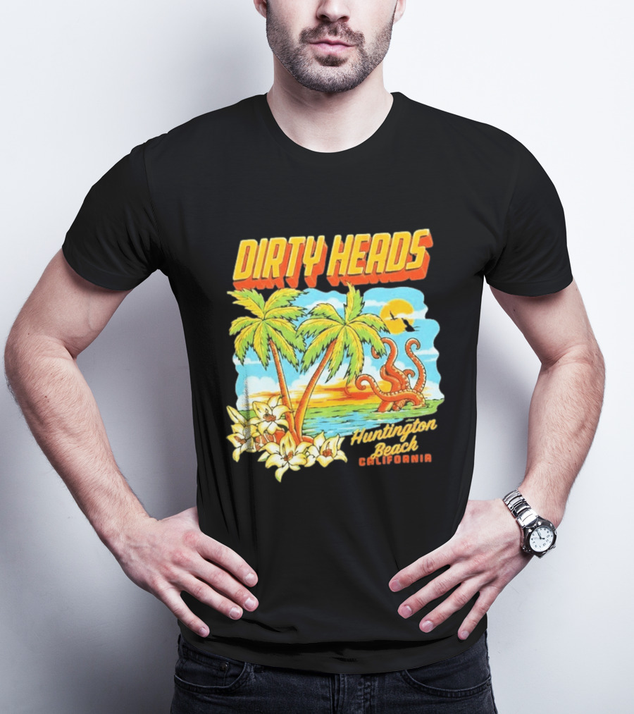 Dirty Heads Tropical Beach Palm Trees Ocean Sunset Octopus Huntington Beach California T-Shirt