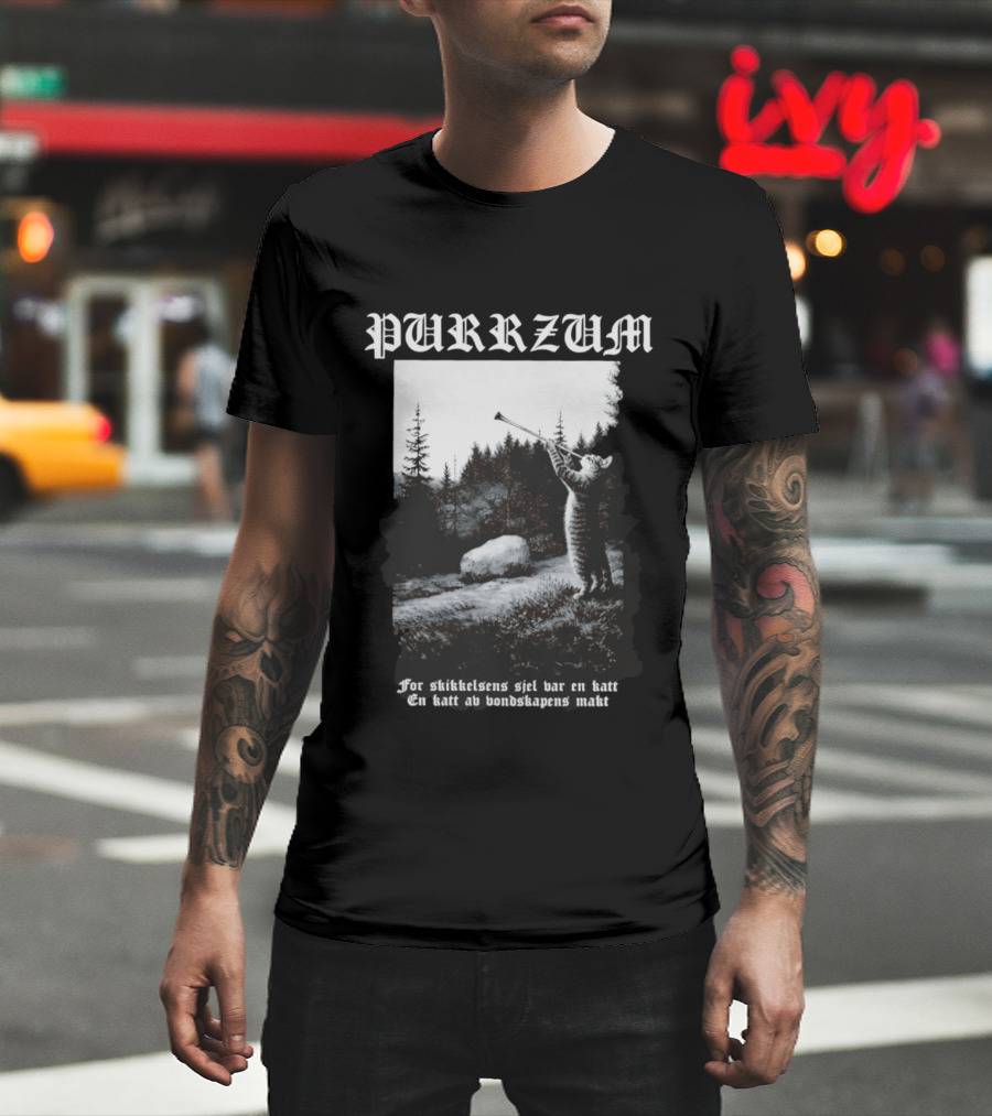 Purrzum Cat Black Metal Burzum For Skikkelsens Sjel Var En Katt En Katt Av Ondskapens Makt T-Shirt