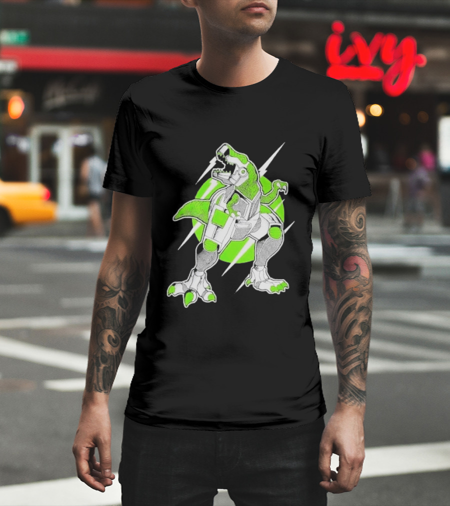 Robo Rex Neon Green Cybernetic Dinosaur Tech Science Fiction High Voltage T-Shirt