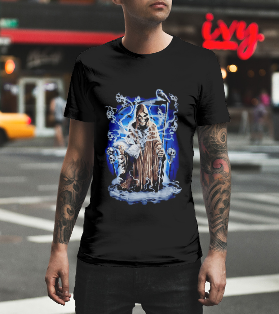 Sooner Than You Think Grim Reaper Skull And Scythe In Blue Mist T-Shirt