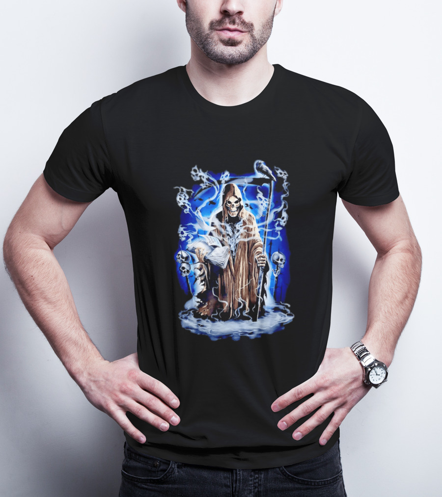 Sooner Than You Think Grim Reaper Skull And Scythe In Blue Mist T-Shirt