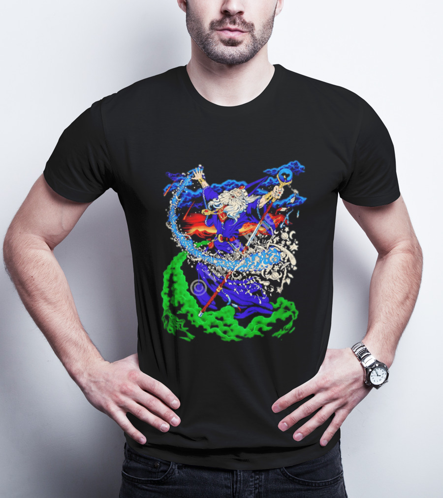 Wizard Casting Magic Conjuring Galaxies Fantasy Aurora Sky T-Shirt