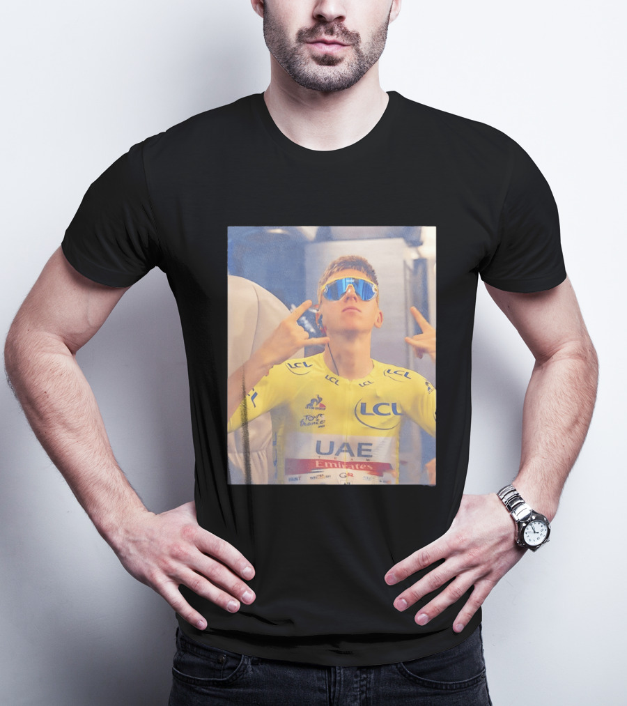 Tadej Pogačar In UAE Emirates Tour De France LCL Yellow Jersey With Sunglasses T-Shirt