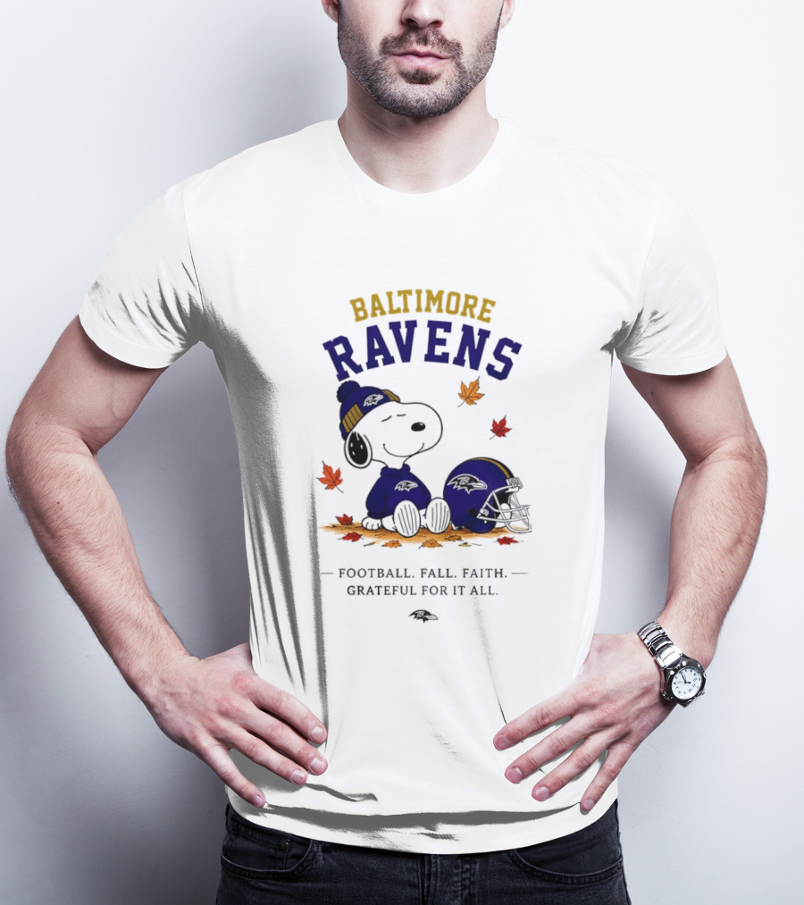 Baltimore Ravens Snoopy Football Fall Faith Grateful For It All T-Shirt