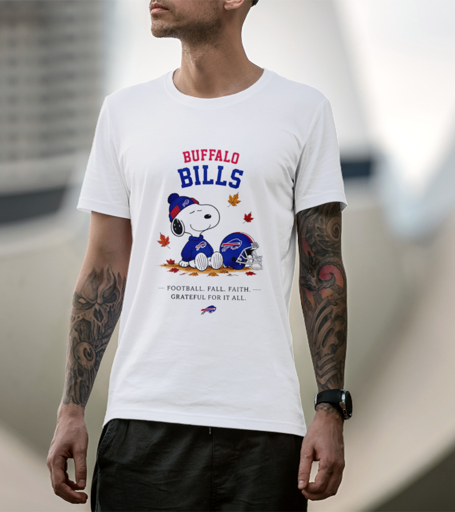 Buffalo Bills Snoopy Football Fall Faith Grateful For It All Leaves T-Shirt