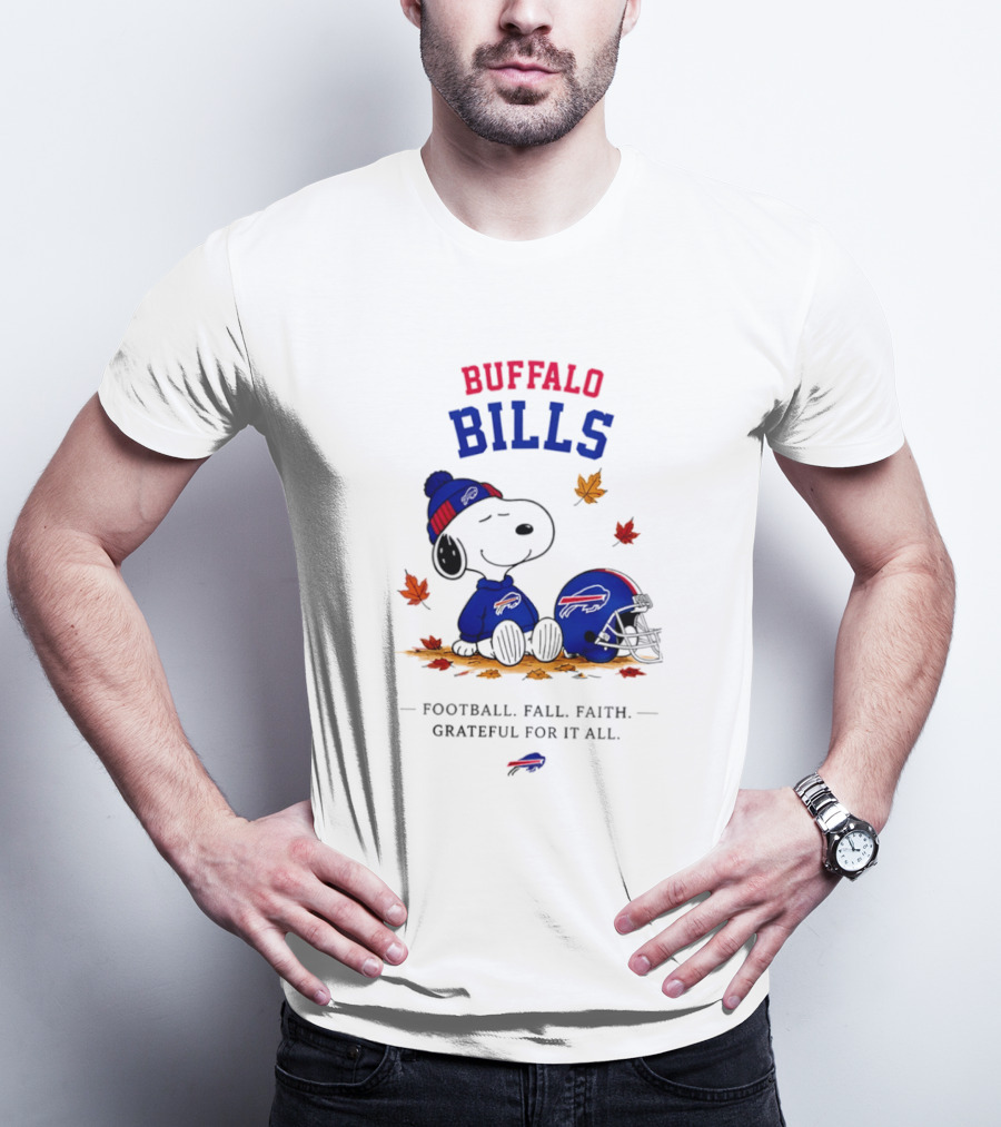 Buffalo Bills Snoopy Football Fall Faith Grateful For It All Leaves T-Shirt