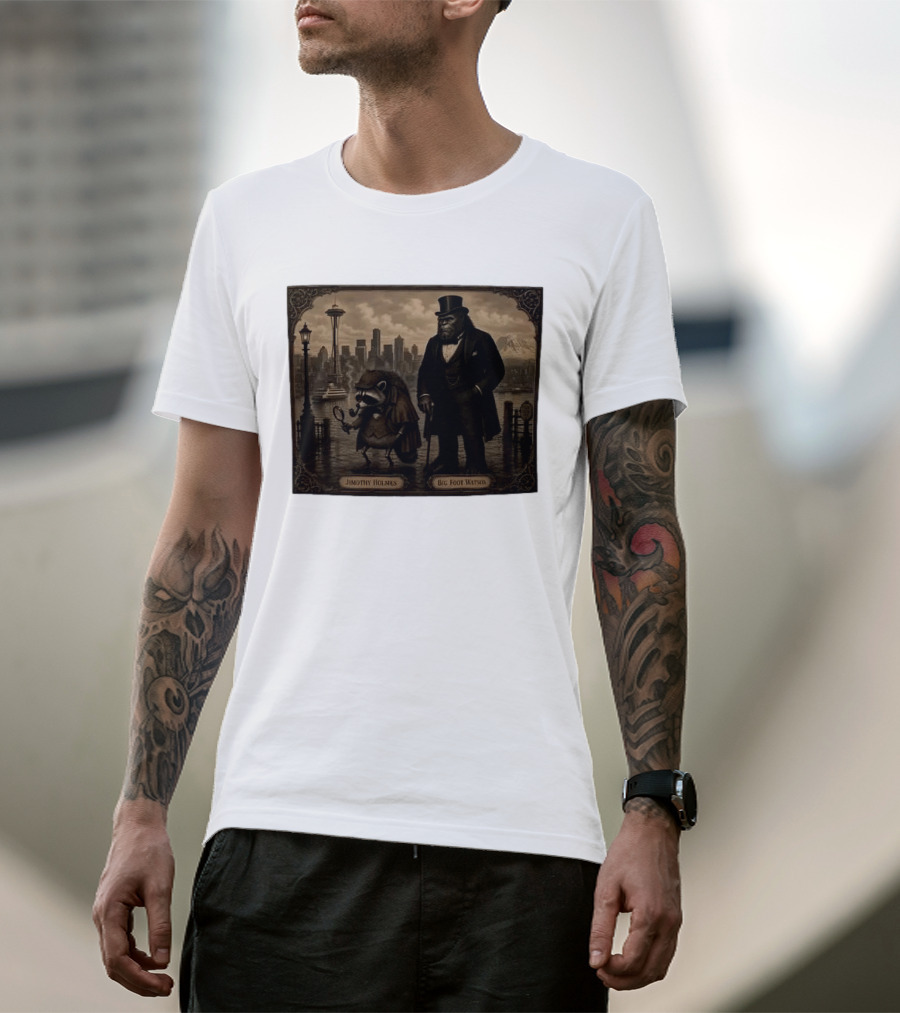 Jimothy Holmes Bigfoot Watson In Vintage Detective Scene Seattle Skyline T-Shirt