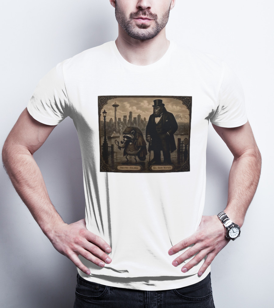 Jimothy Holmes Bigfoot Watson In Vintage Detective Scene Seattle Skyline T-Shirt