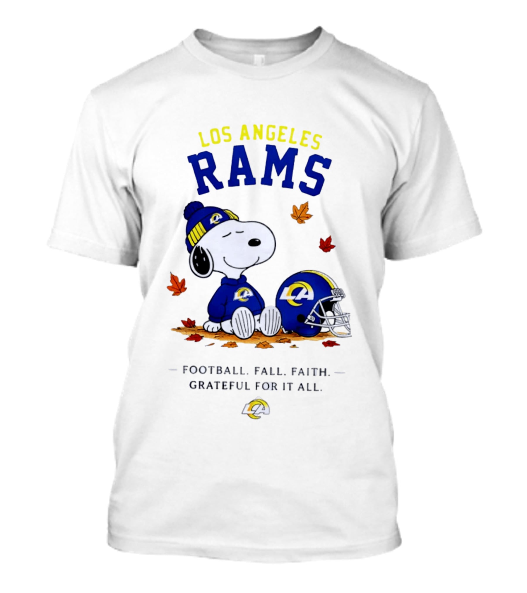 Los Angeles Rams Snoopy Football Fall Faith Grateful For It All NFL Peanuts Fan Gear T-Shirt