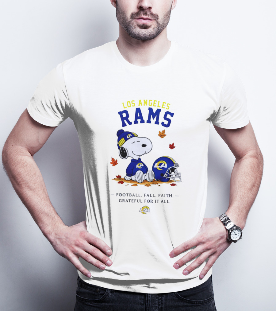 Los Angeles Rams Snoopy Football Fall Faith Grateful For It All NFL Peanuts Fan Gear T-Shirt