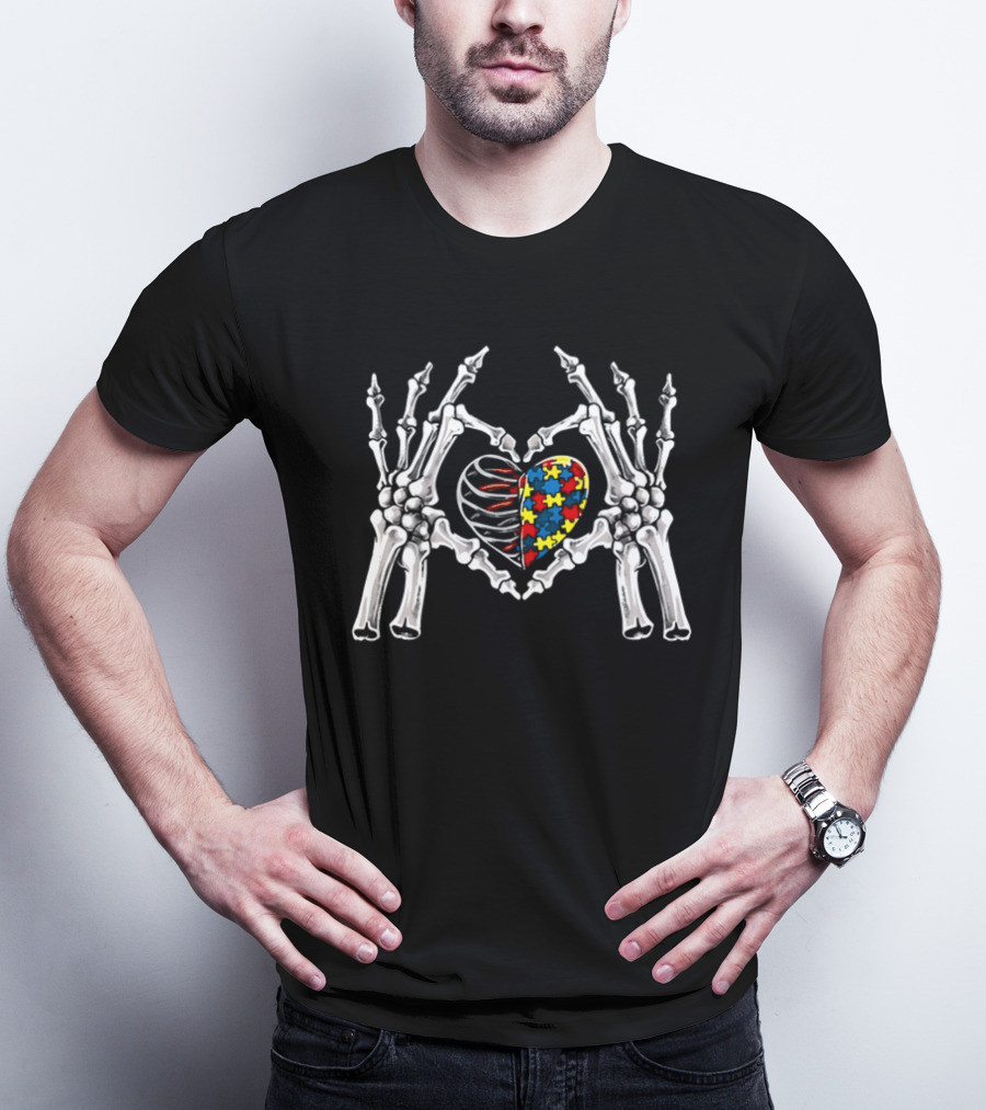 Autism Awareness Gothic Skull Hand Heart Puzzle Halloween 2026 T-Shirt
