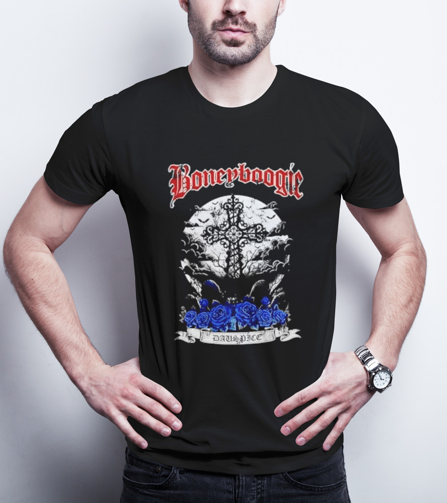 Boneyboogie Gothic Cross With Blue Roses And Full Moon T-Shirt
