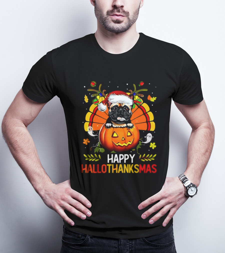 Happy Hallothanksmas Bulldog With Santa Hat Pumpkin And Turkey Feathers 2026 T-Shirt
