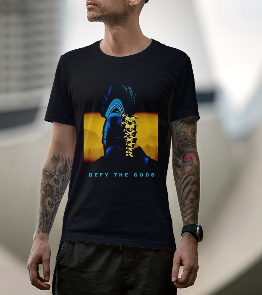 Defy The Gods Spartan Warrior Helmet Art Blue And Gold T-Shirt