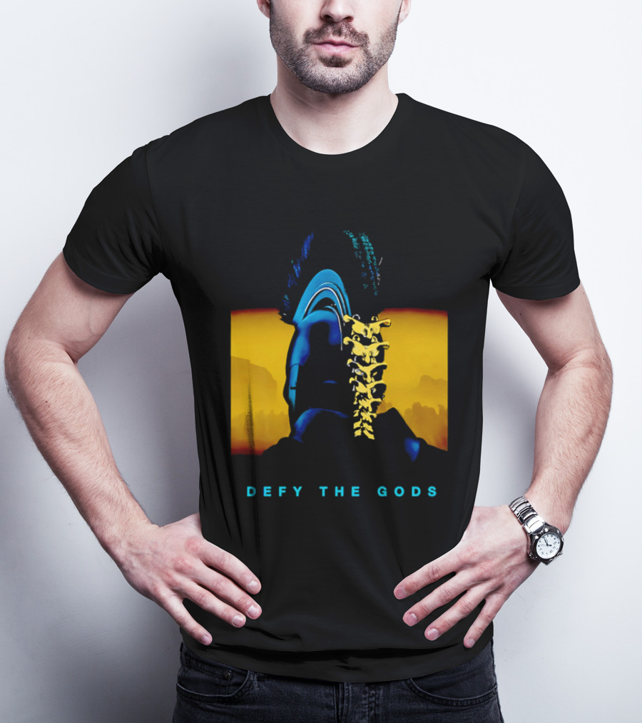 Defy The Gods Spartan Warrior Helmet Art Blue And Gold T-Shirt
