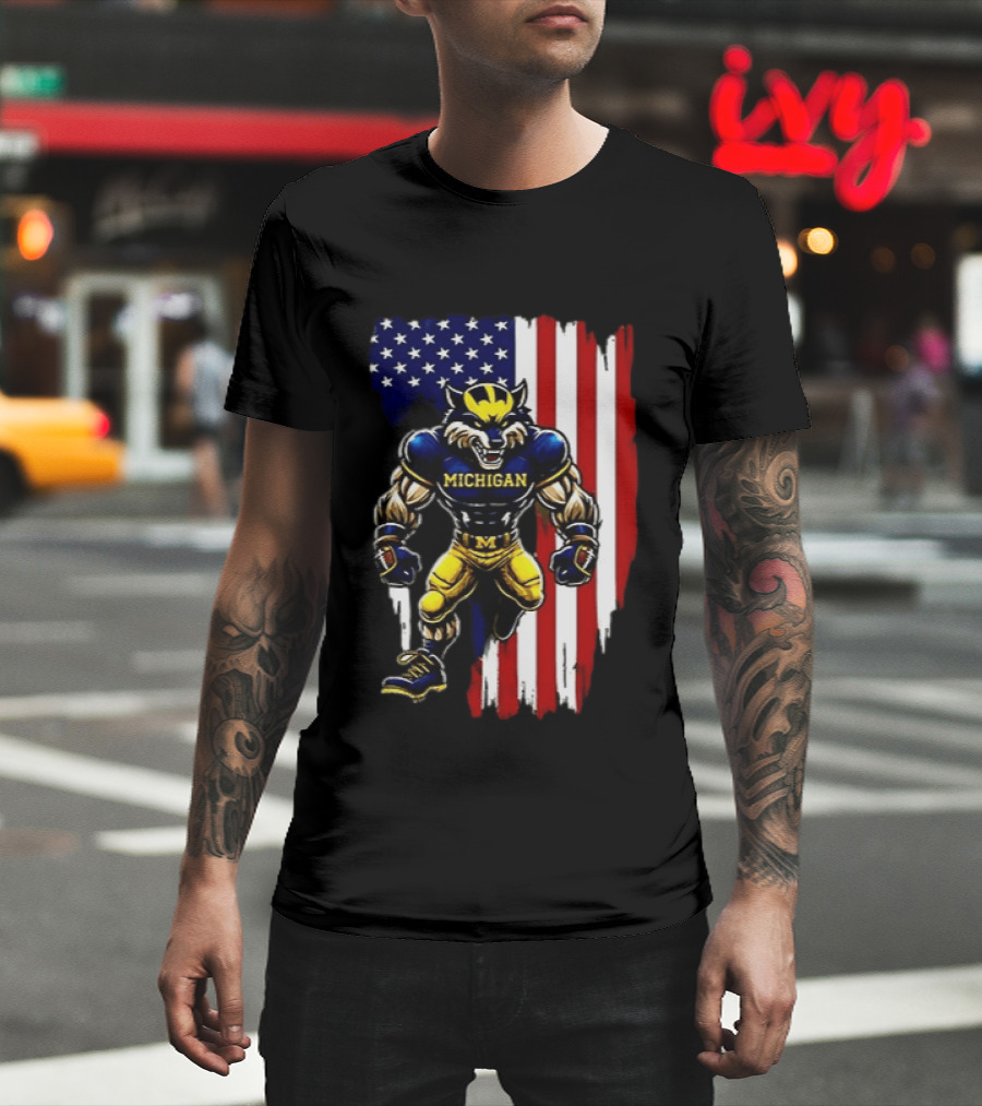 Michigan Wolverines We The People USA Flag Wolverine T-Shirt