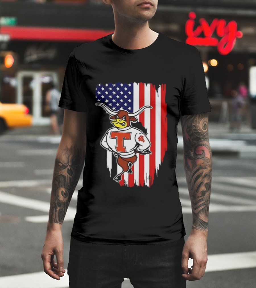 Texas Longhorns Mascot Over USA Flag T-Shirt