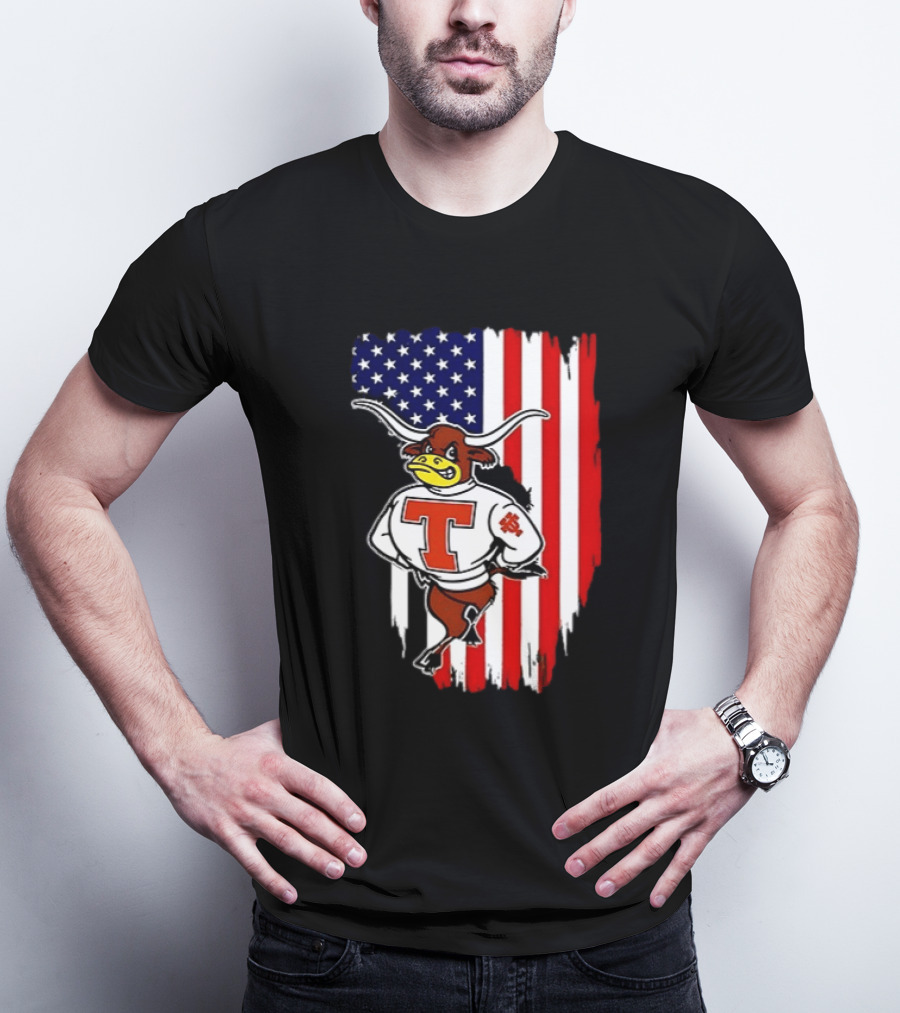 Texas Longhorns Mascot Over USA Flag T-Shirt