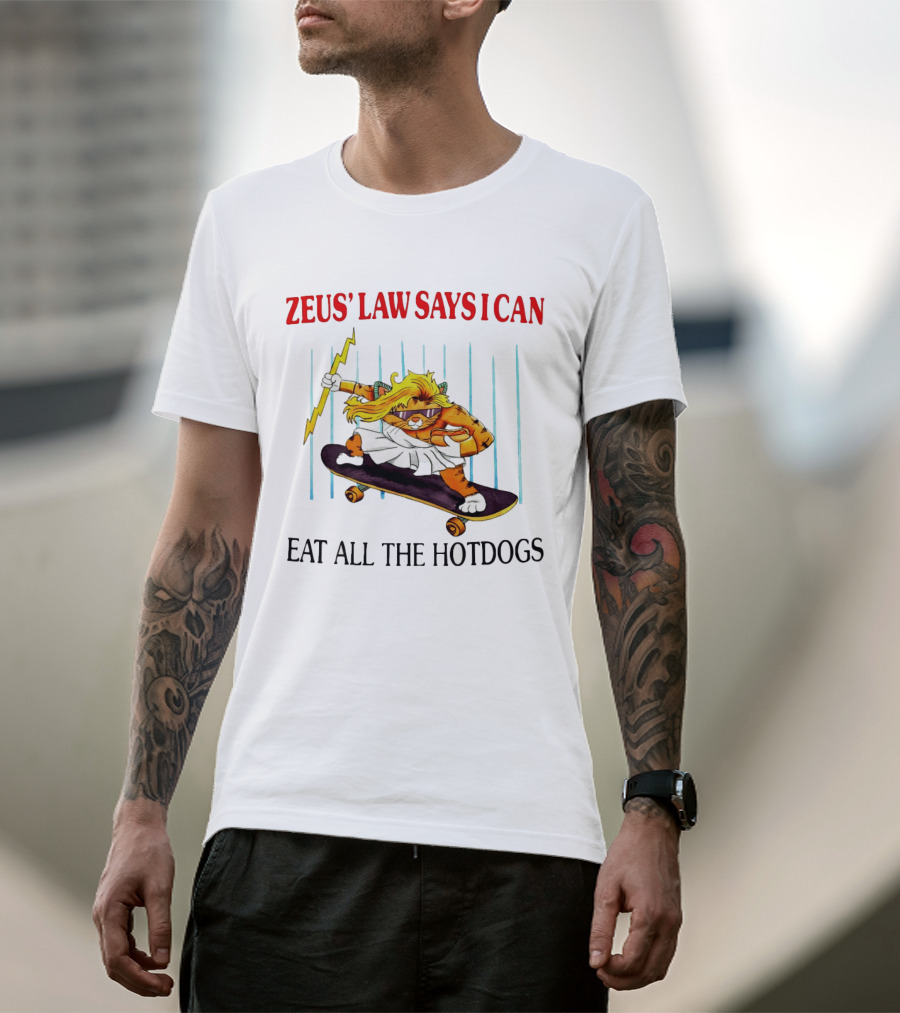 Zeus' Law Says I Can Eat All The Hotdogs Cat Holding Lightning Skateboard T-Shirt