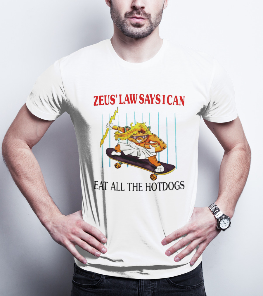 Zeus' Law Says I Can Eat All The Hotdogs Cat Holding Lightning Skateboard T-Shirt