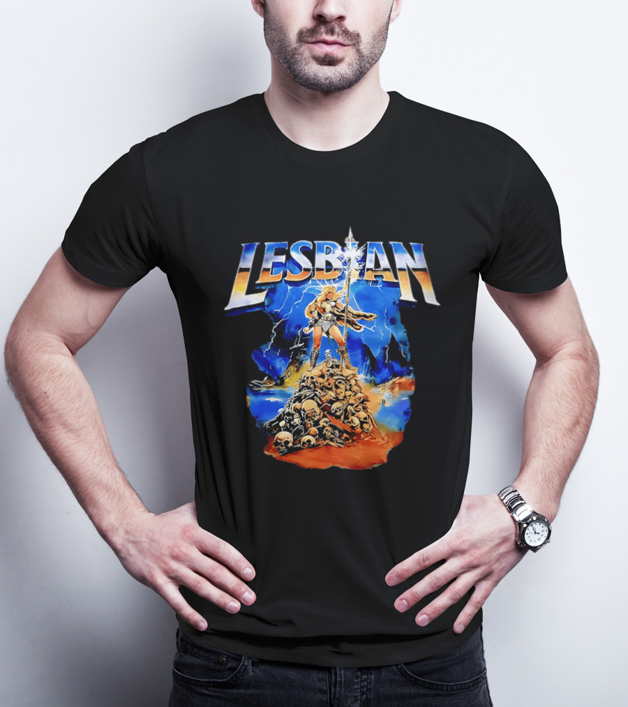 LESBIAN Warrior Epic Pose Amidst Pile Of Skulls And Lightning T-Shirt