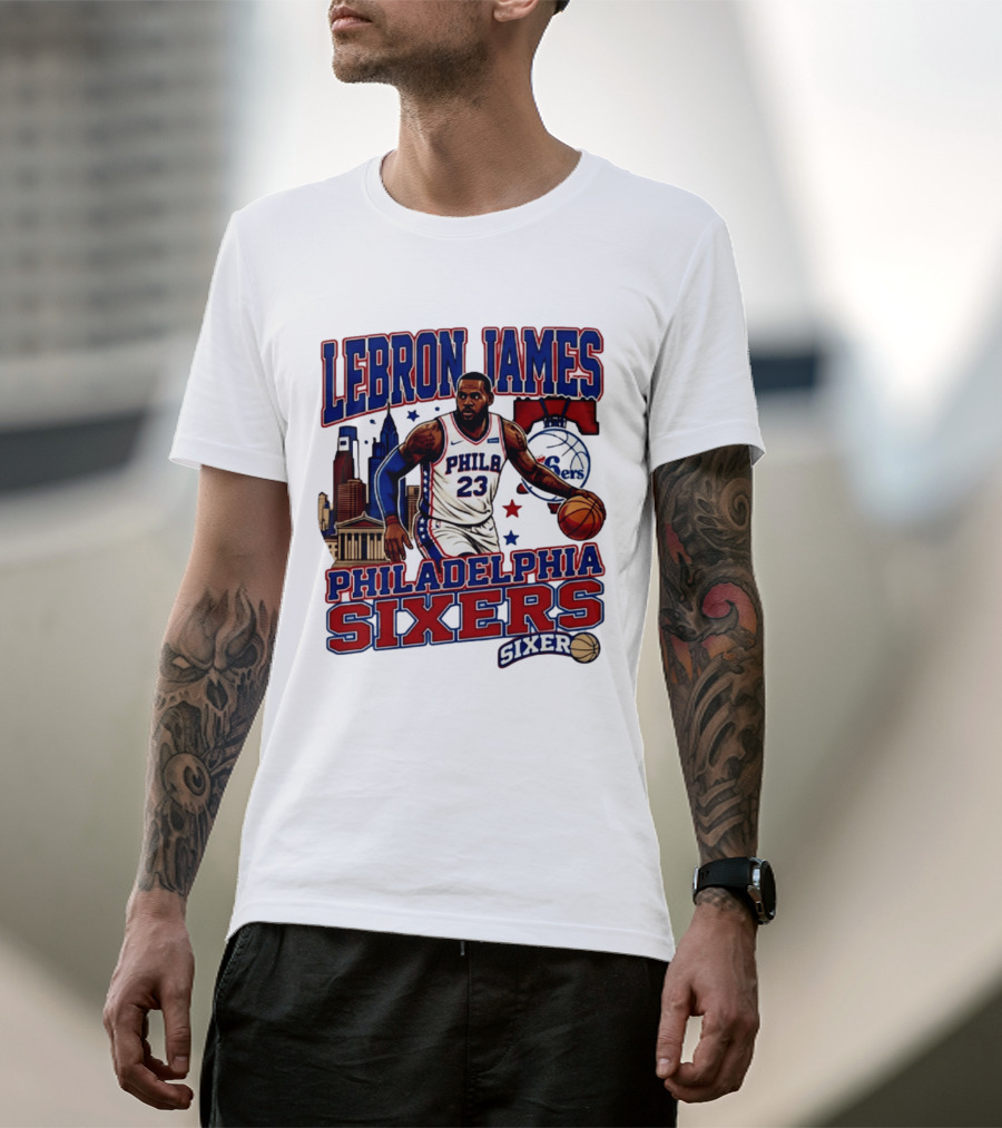 LeBron James Philadelphia Sixers No 23 Jersey Cityscape Basketball T-Shirt