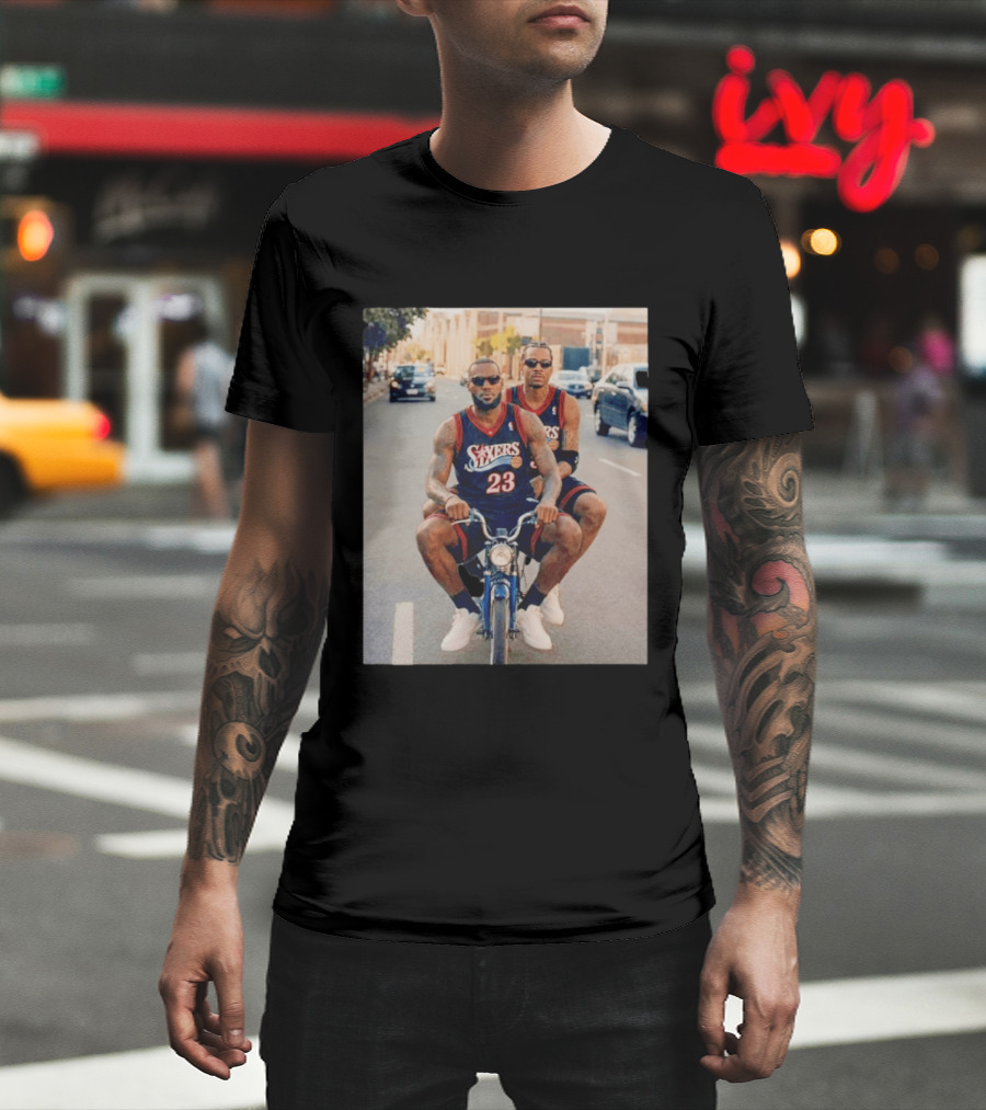 Philadelphia 76ers LeBron James Allen Iverson Duo On Bicycle T-Shirt