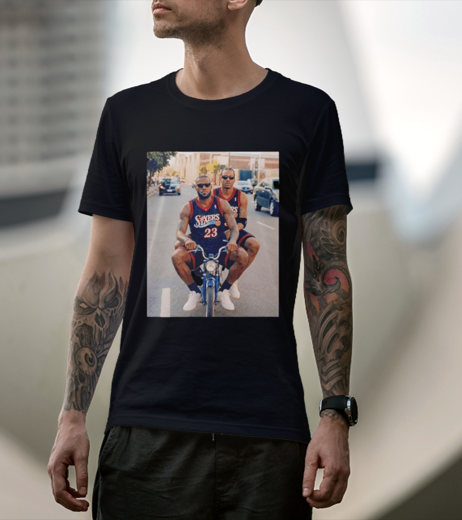Philadelphia 76ers LeBron James Allen Iverson Duo On Bicycle T-Shirt