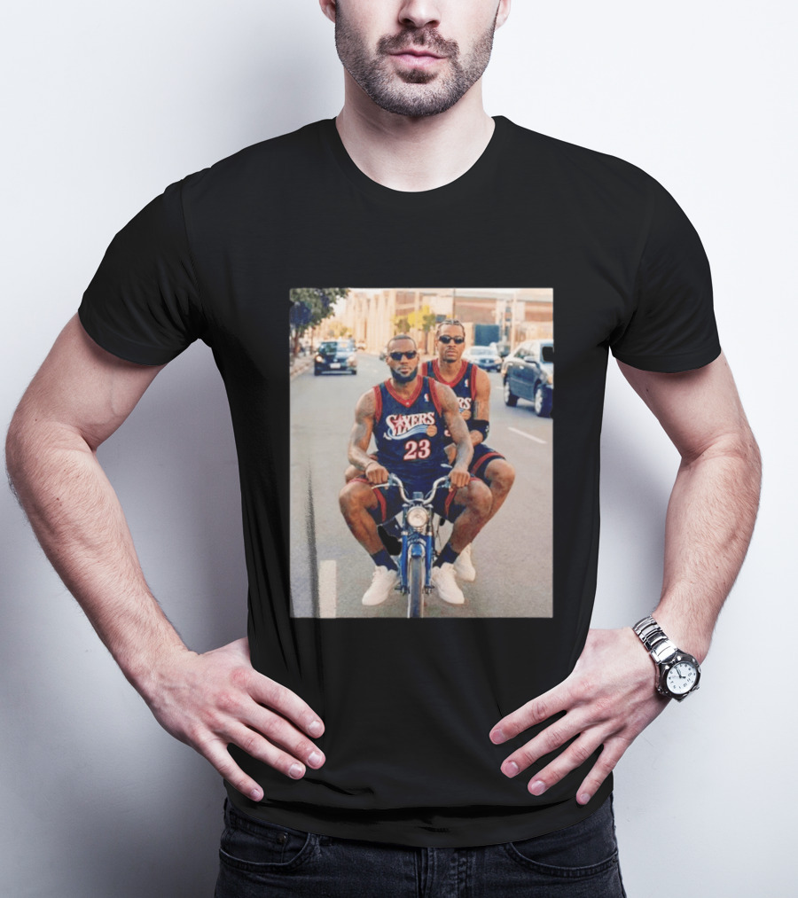 Philadelphia 76ers LeBron James Allen Iverson Duo On Bicycle T-Shirt