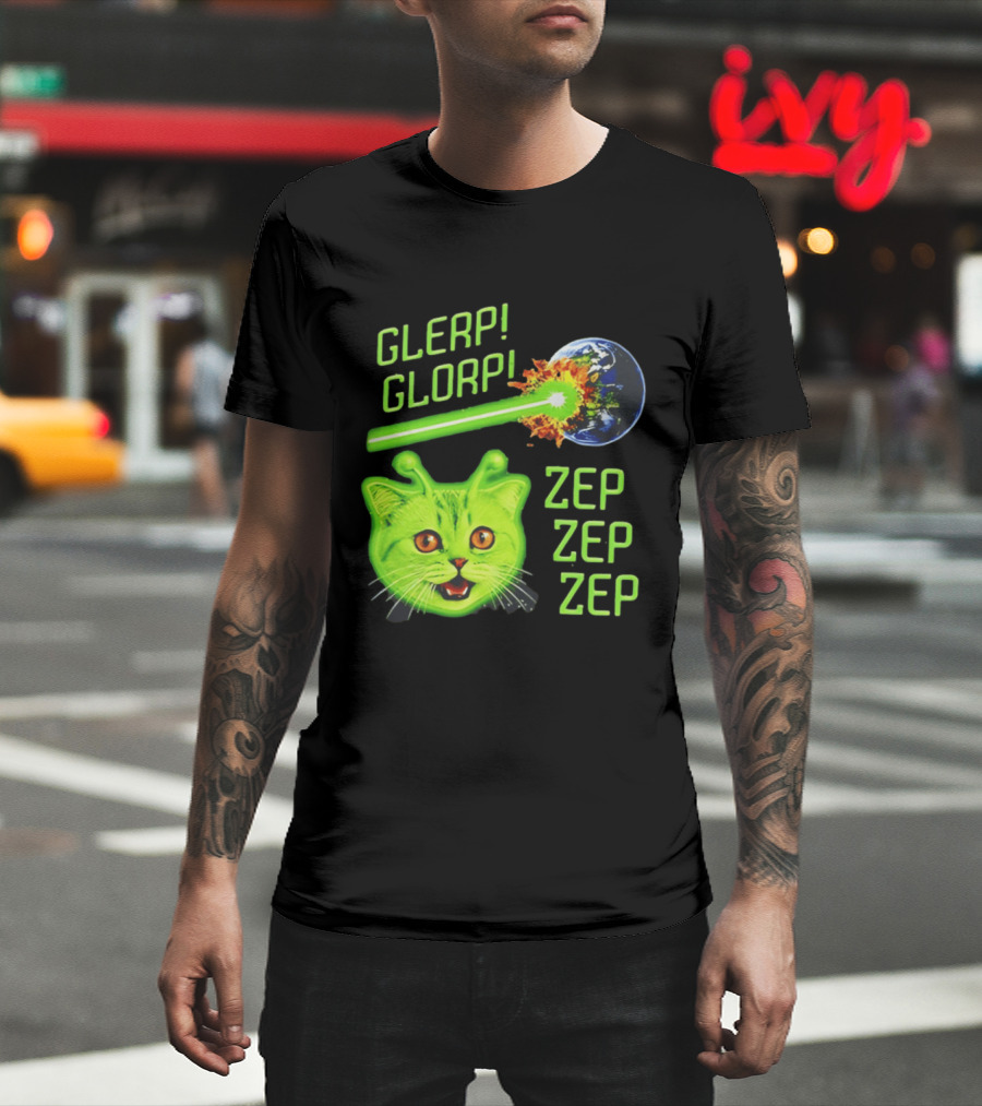Glerp Glorp Cat Alien Zep Zep Zep Earth Laser Explosion T-Shirt