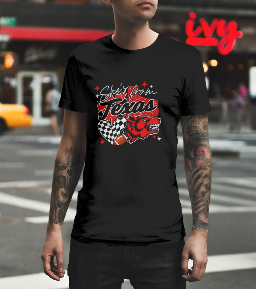 Cheerleading Texas Football Wolf She's From Texas Heart Checkered Ball Stars T-Shirt