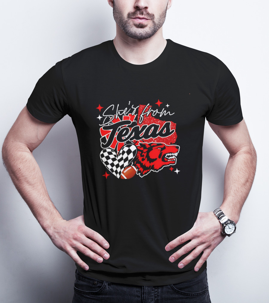 Cheerleading Texas Football Wolf She's From Texas Heart Checkered Ball Stars T-Shirt