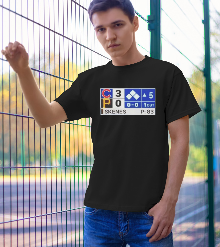 Chicago Cubs 3 Pittsburgh Pirates 0 Scoreboard Skenes Pitching 5th Inning Baseball T-Shirt