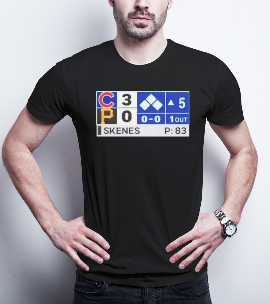Chicago Cubs 3 Pittsburgh Pirates 0 Scoreboard Skenes Pitching 5th Inning Baseball T-Shirt