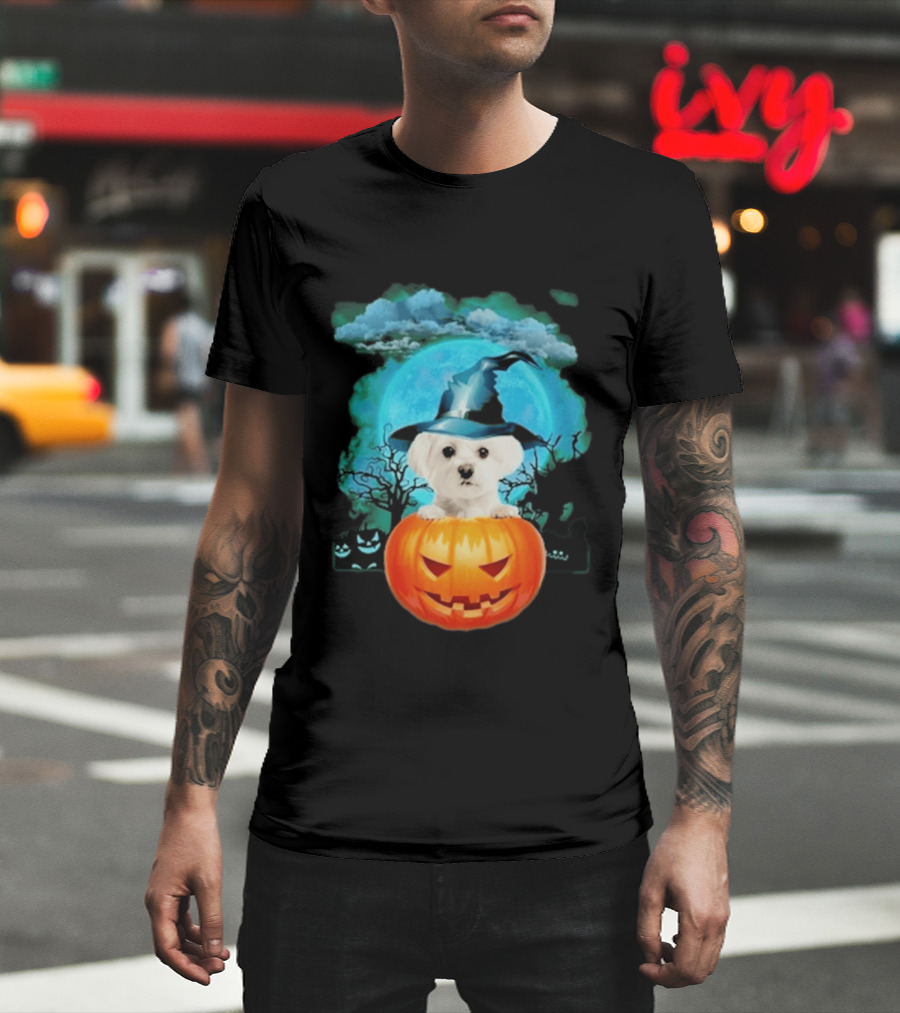 Happy Halloween White Maltese Witch Hat Pumpkin Blue Moon T-Shirt