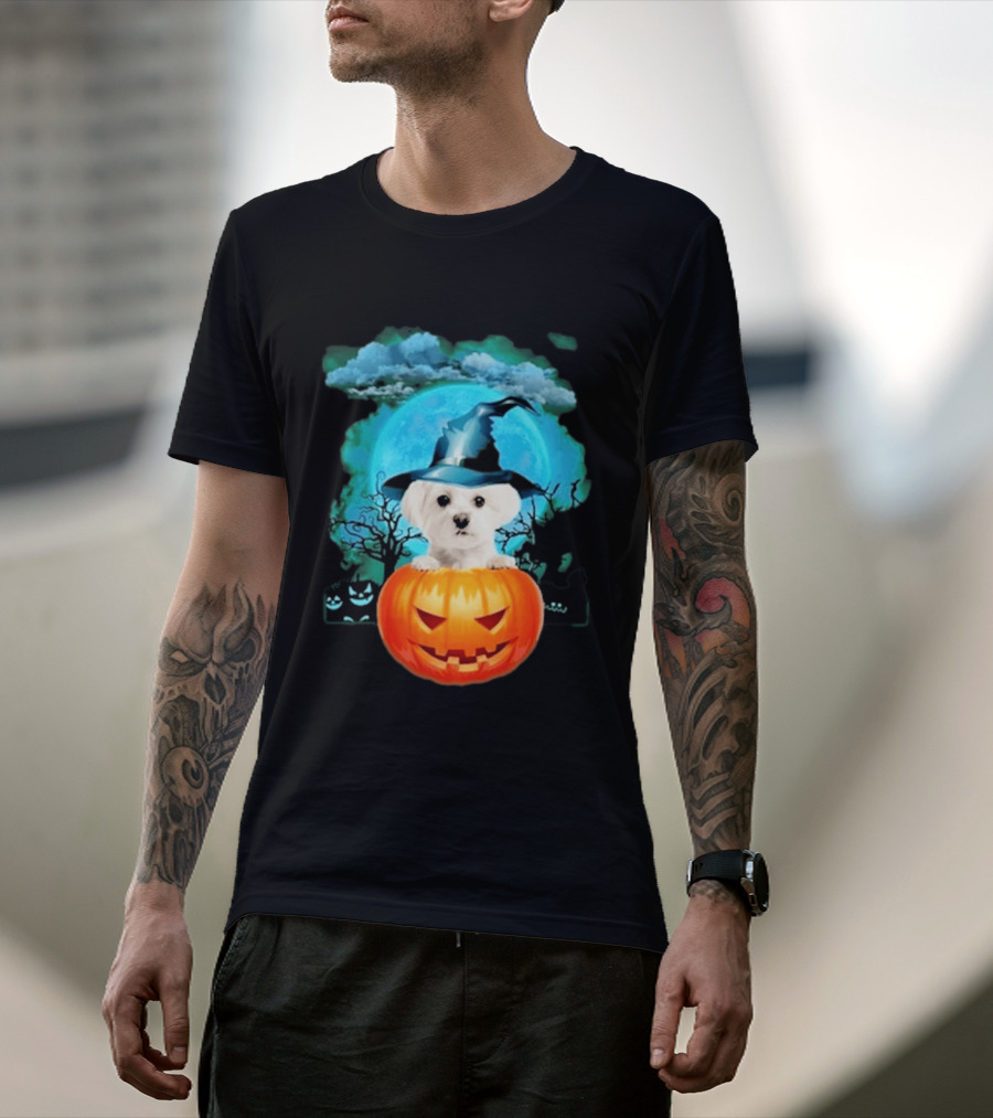 Happy Halloween White Maltese Witch Hat Pumpkin Blue Moon T-Shirt