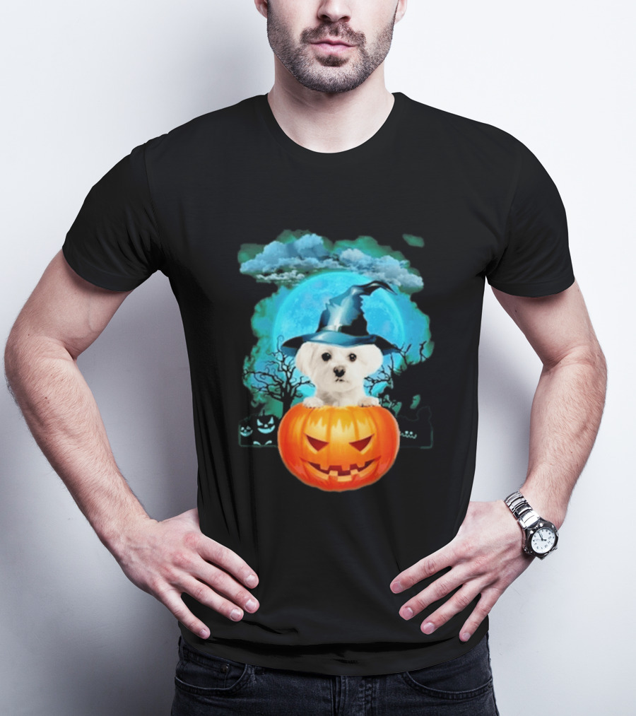 Happy Halloween White Maltese Witch Hat Pumpkin Blue Moon T-Shirt