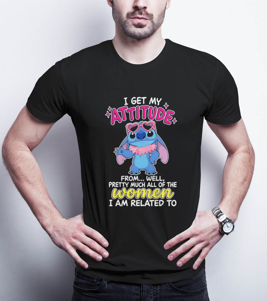 I Get My Attitude From Pretty Much All Of The Women I Am Related To Cute Blue Cartoon Character With Pink Accessories T-Shirt