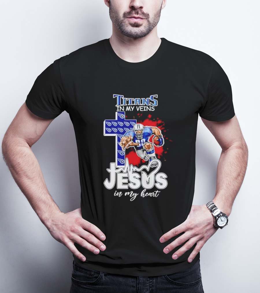 Titans In My Veins Jesus In My Heart Football Player Cross T-Shirt