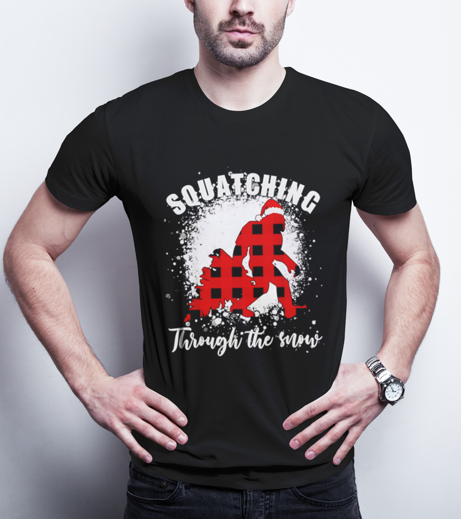 Squatching Through The Snow Bigfoot Santa Hat Christmas T-Shirt