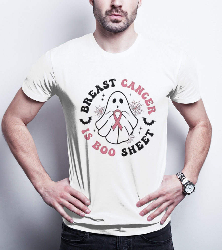 Breast Cancer Awareness Ghost Boo Sheet Ribbon Spooky Webs Bats T-Shirt