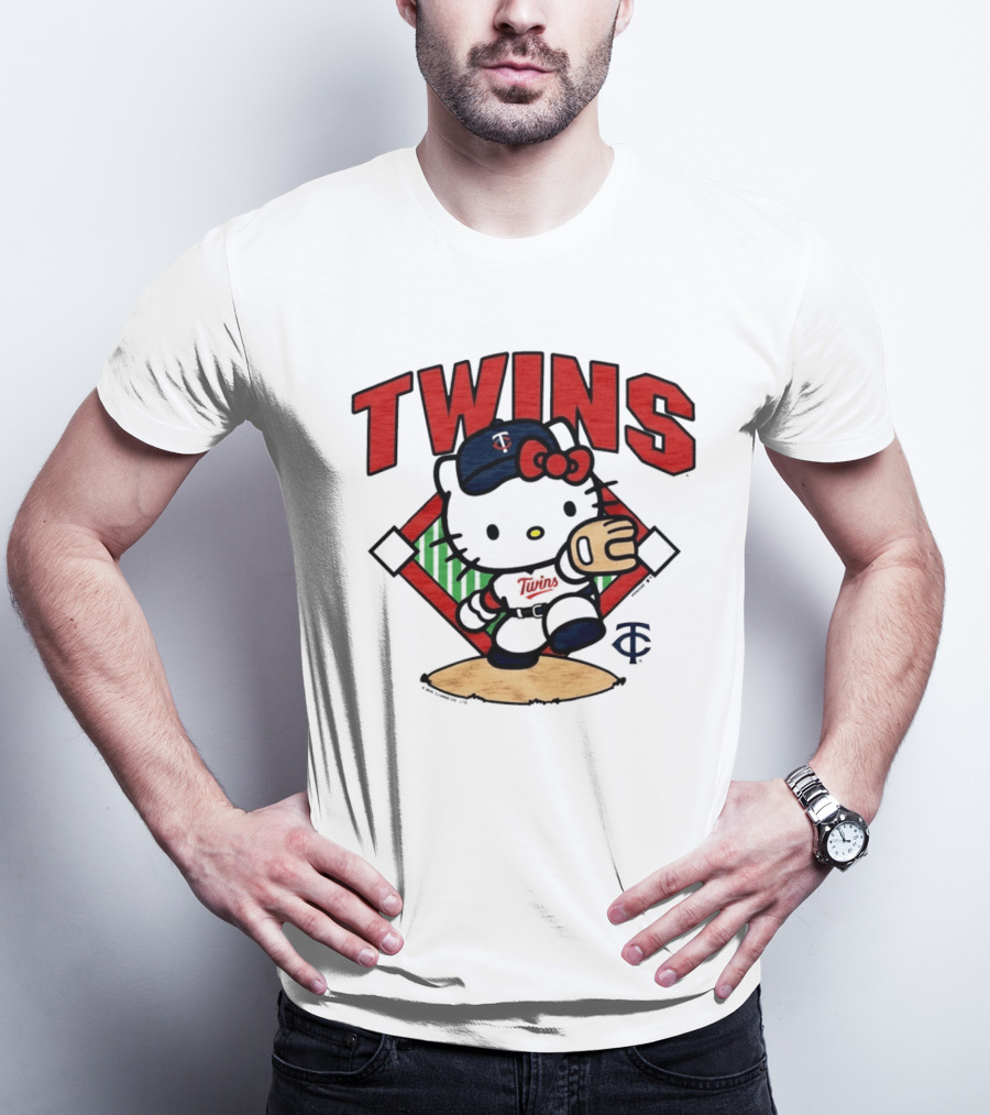 Hello Kitty Twins Baseball Distressed MLB Player Cartoon T-Shirt