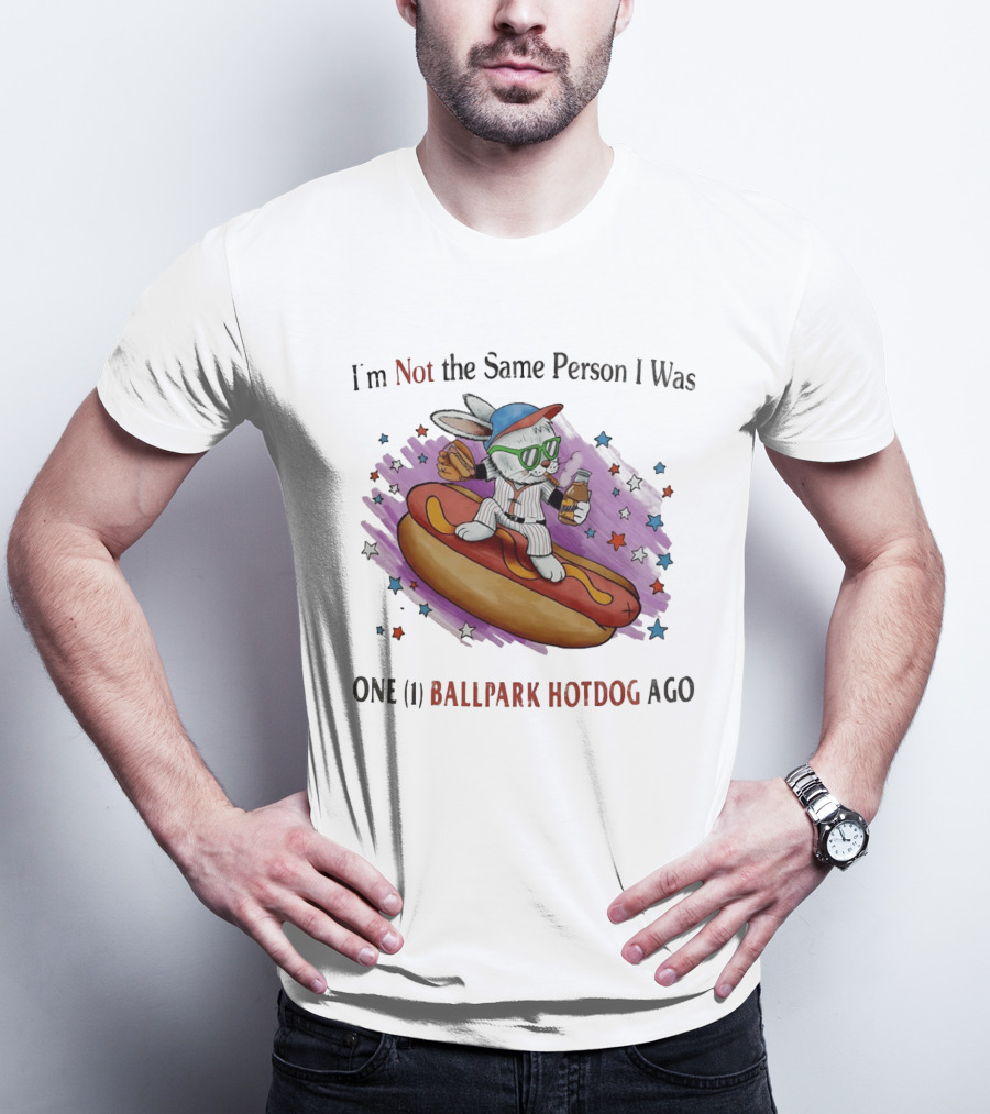 I'm Not The Same Person I Was One Ballpark Hotdog Ago Baseball Bunny With Sunglasses And Stars T-Shirt