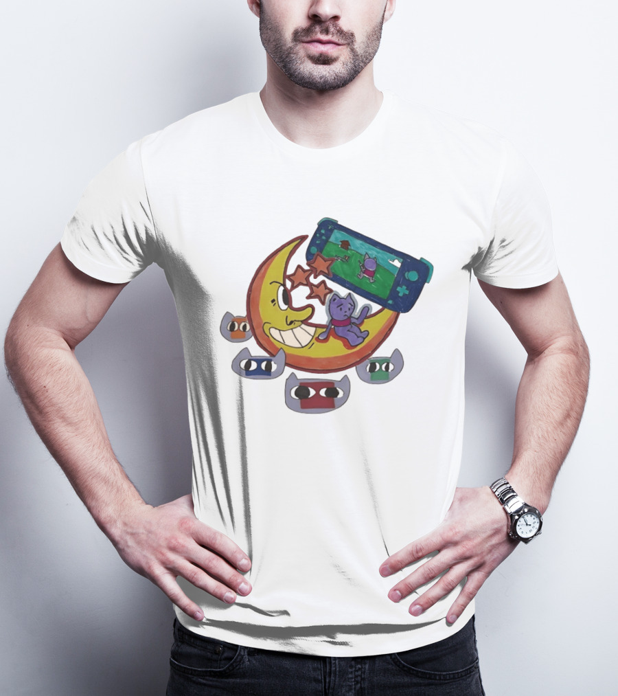 Cartoon Moon And Cat Playing Game With Stars And Colorful Masks T-Shirt