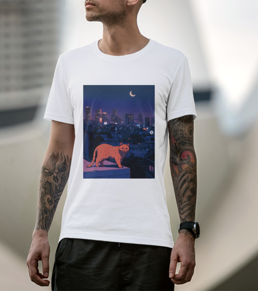 Orange Tabby Cat Under Night Sky Overlooking City Skyline With Crescent Moon T-Shirt