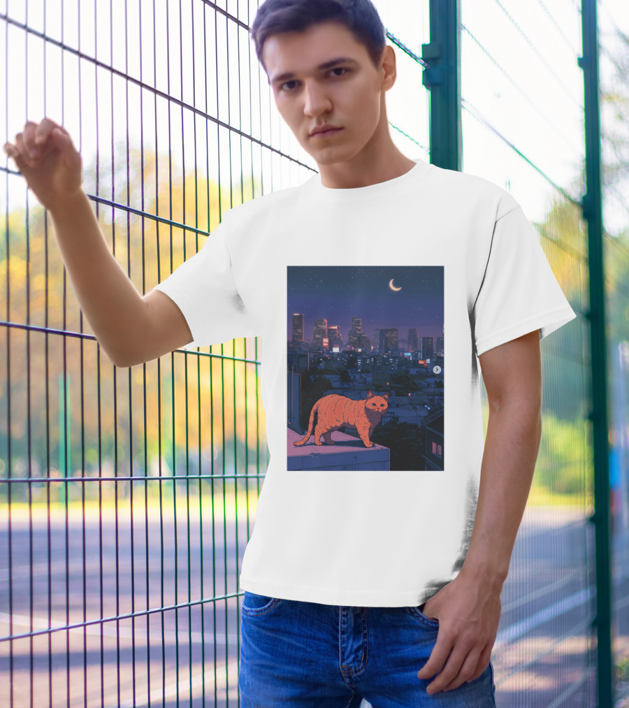 Orange Tabby Cat Under Night Sky Overlooking City Skyline With Crescent Moon T-Shirt