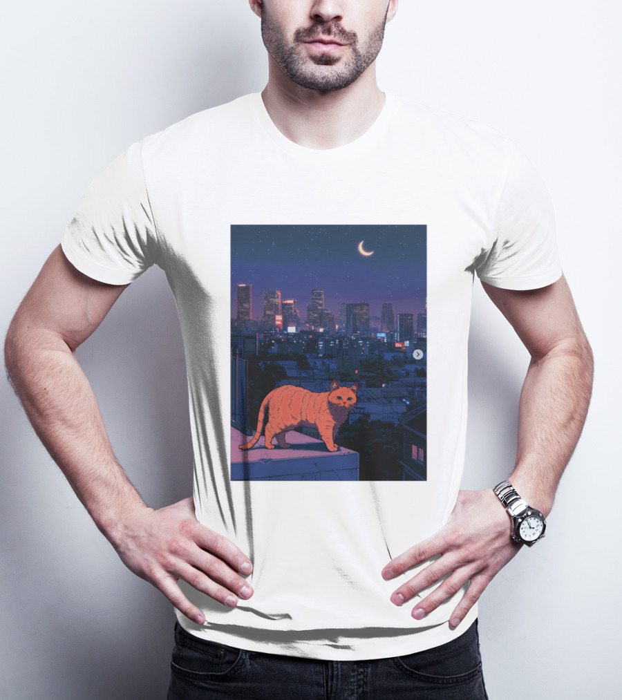 Orange Tabby Cat Under Night Sky Overlooking City Skyline With Crescent Moon T-Shirt