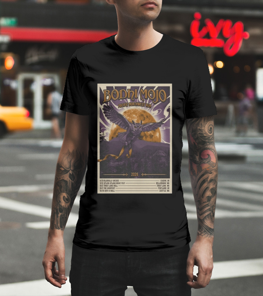 Bodhi Mojo Pacific Northwest Run 2026 Tour Owl Illustration Dates And Locations T-Shirt