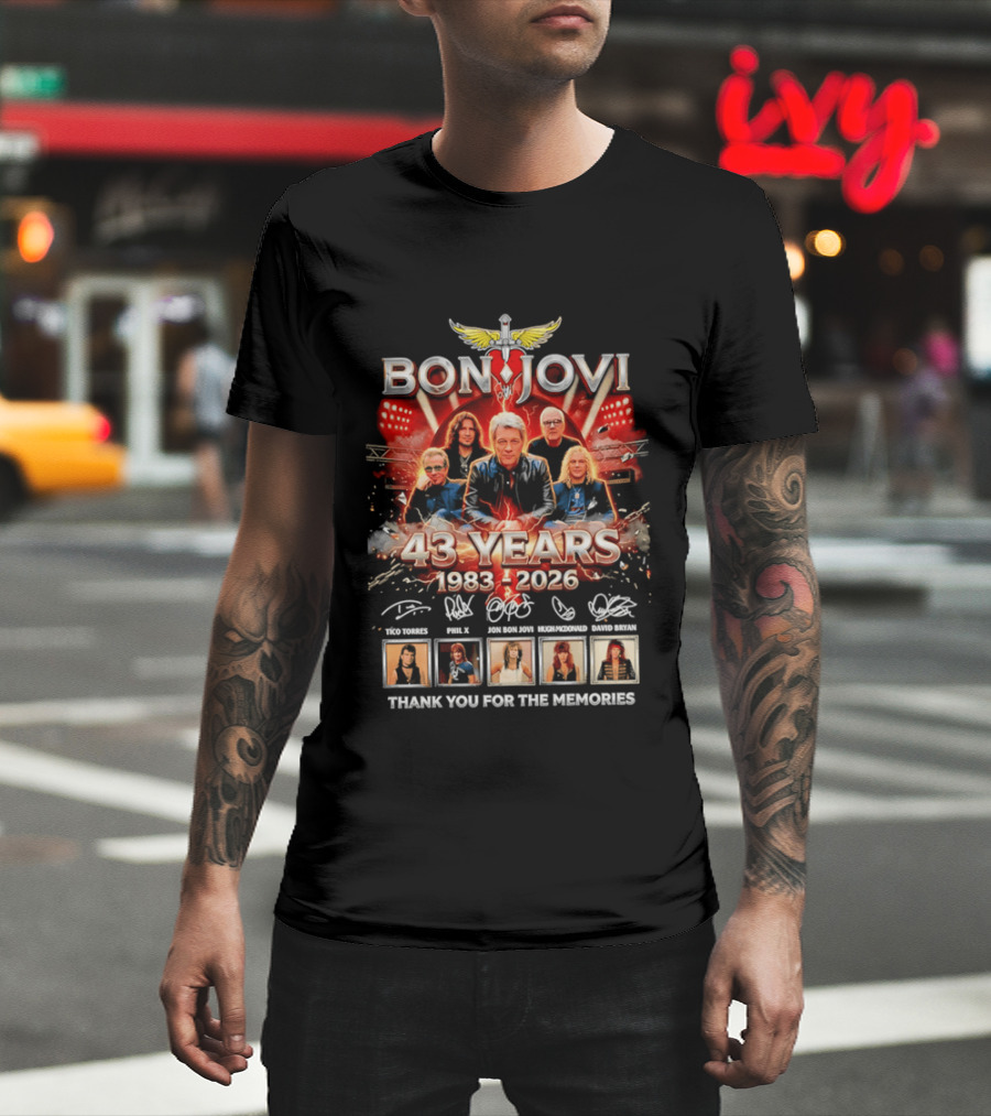 Bon Jovi 43 Years Celebration 1983 2026 Thank You For The Memories Signatures T-Shirt